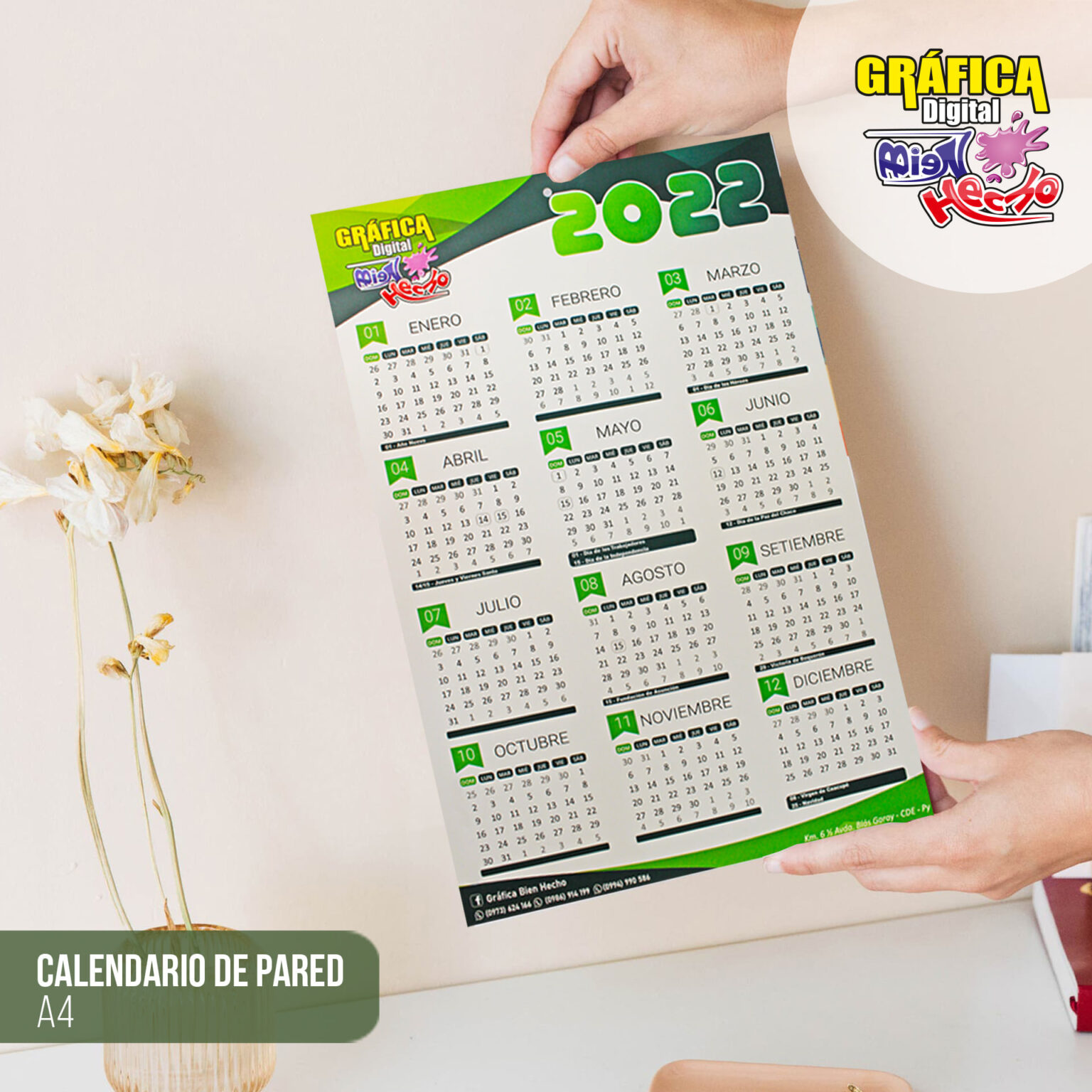 Calendario de Pared - Tamaño A4, 100 Unidades | Gráfica Bien Hecho